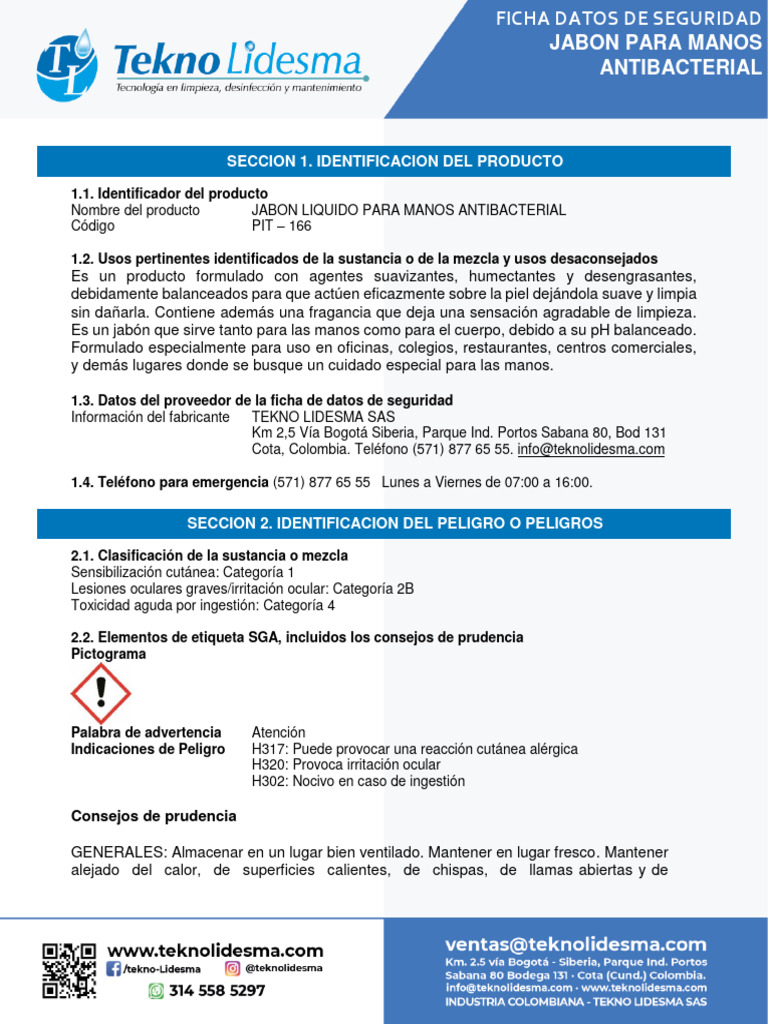 Ficha de Seguridad Jabón Liquido Antibacterial | Descargar gratis PDF | Agua | Toxicidad