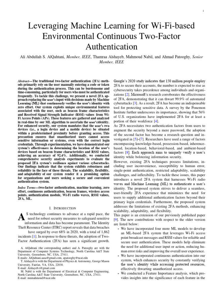 Leveraging Machine Learning For Wi Fi Based Environmental Continuous Two Factor Authentication 