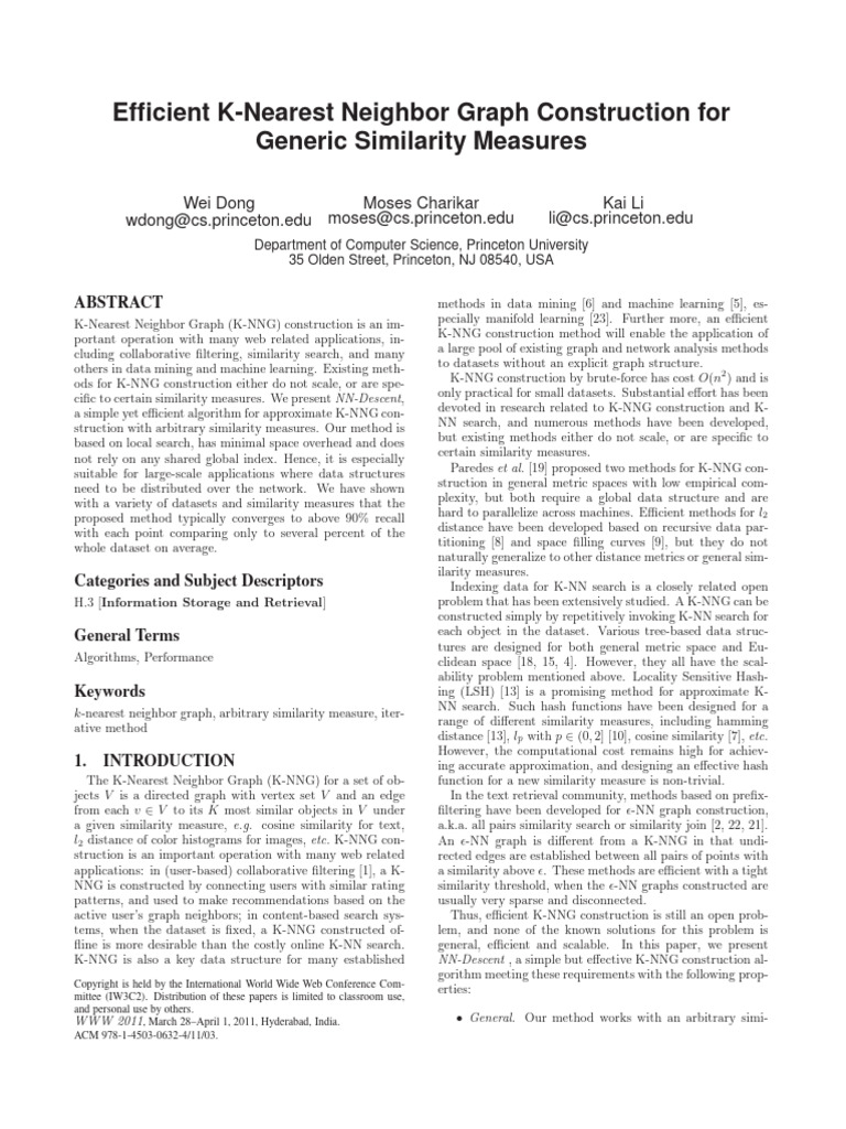 Efficient K-Nearest Neighbor Graph Construction For Generic Similarity Measures | PDF