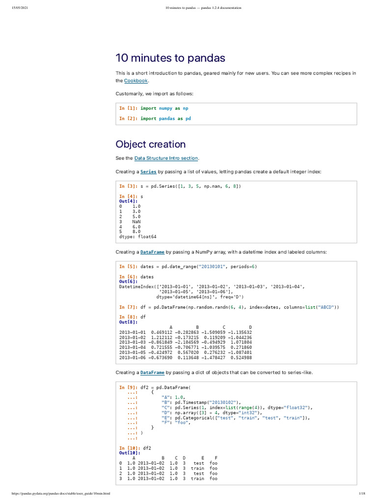 10 Minutes To Pandas - Pandas 1.2.4 Documentation | PDF 10 Minutes To Pandas - Pandas 1.2.4 Documentation | PDF