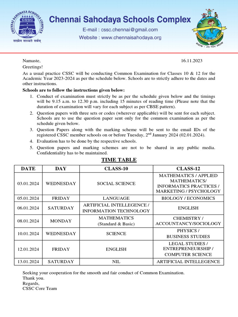 CSSC Common Exam-Time Table-2023-2024 (1) - 231118 - 075311 | PDF ...