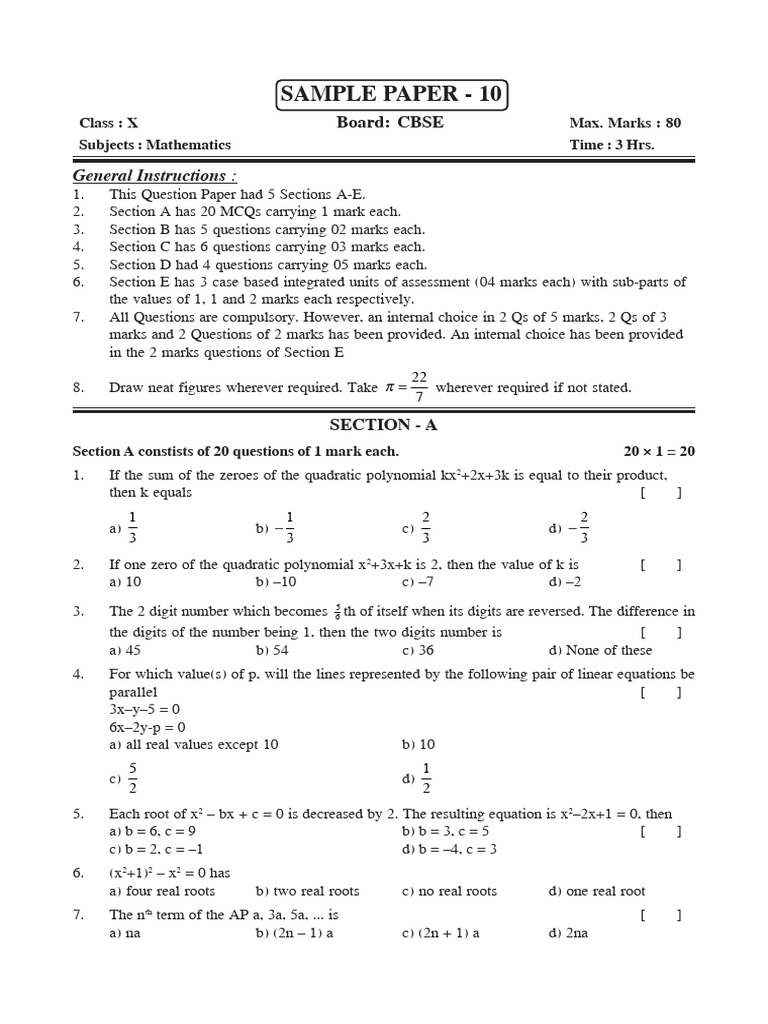 Mathematics Sample Paper Overview | PDF
