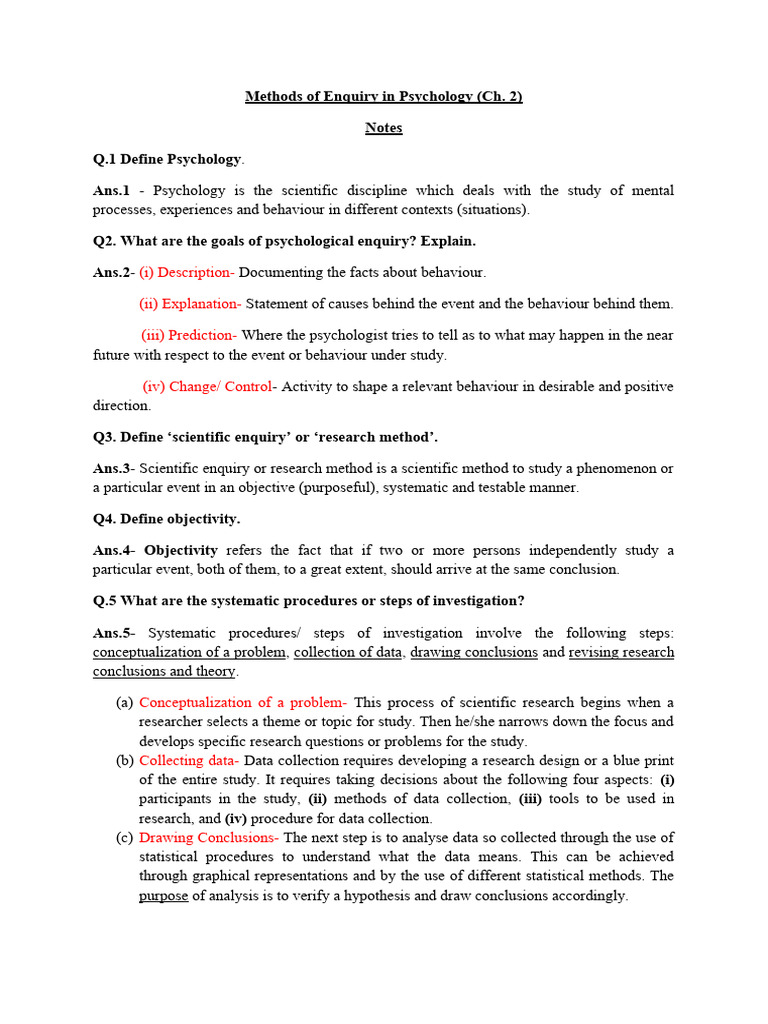 Ch. 2 Methods of Enquiry in Psychology Notes For Class XI | PDF ...