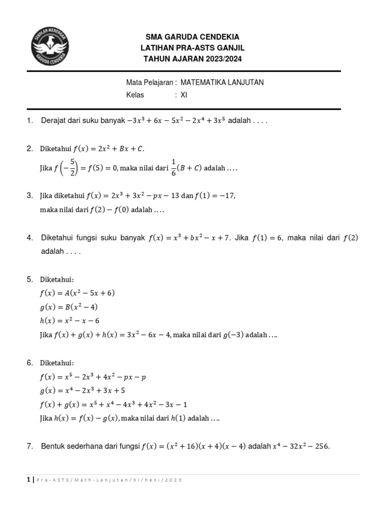 Latihan Pra-Asts Ganjil Math Lanjutan Kelas Xi 2023 | PDF