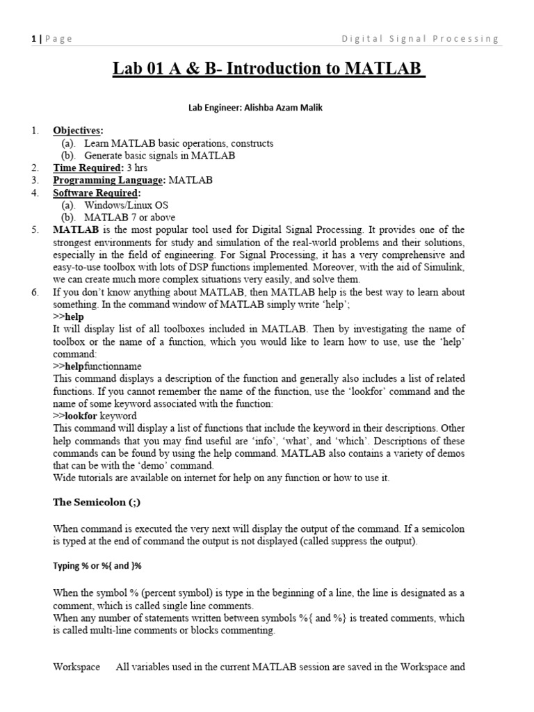 Lab 01 Pdf Matlab Matrix Mathematics 
