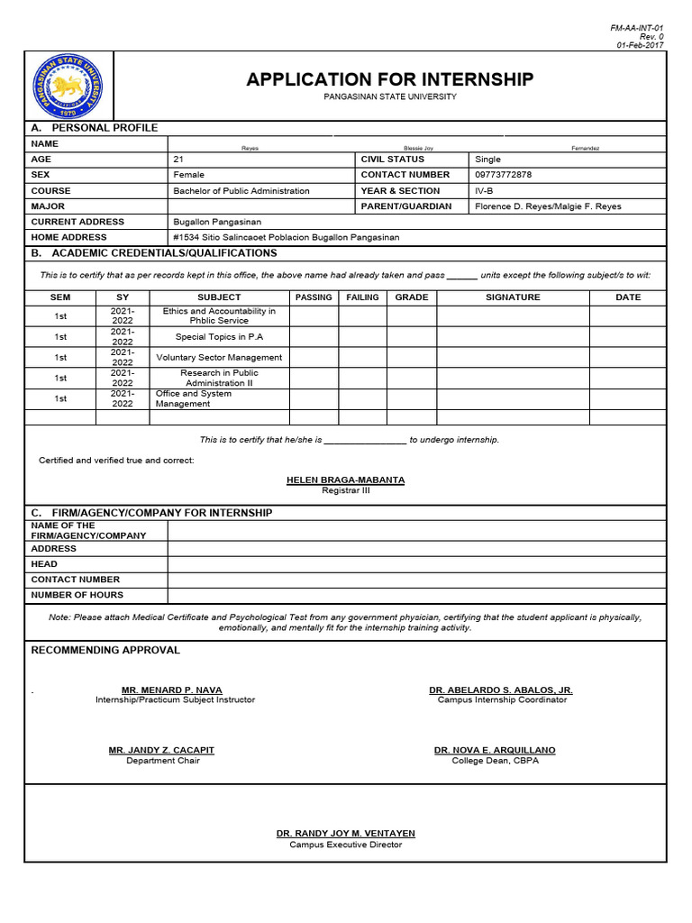 BlessieReyes - Application Internship | PDF | Health Care