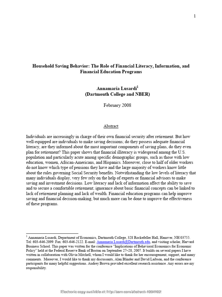 Household Saving Behavior The Role of Financial Literacy, Information, and Financial Education ...