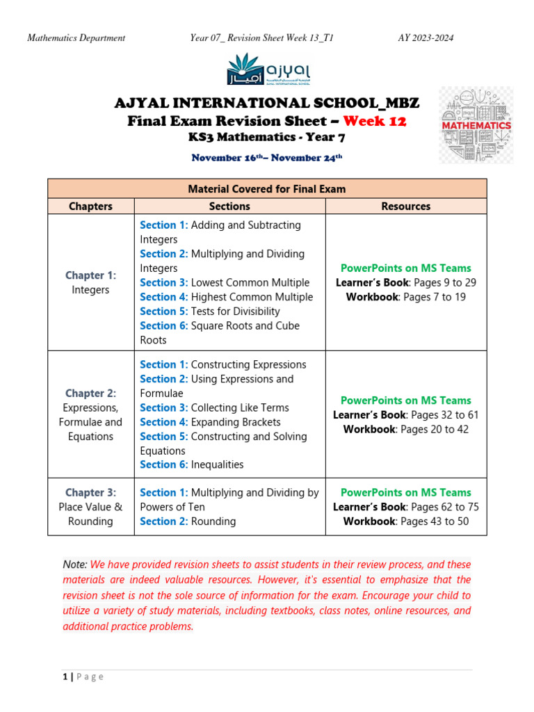 Year 7 Mathematics Revision Sheet | PDF | Area | Multiplication