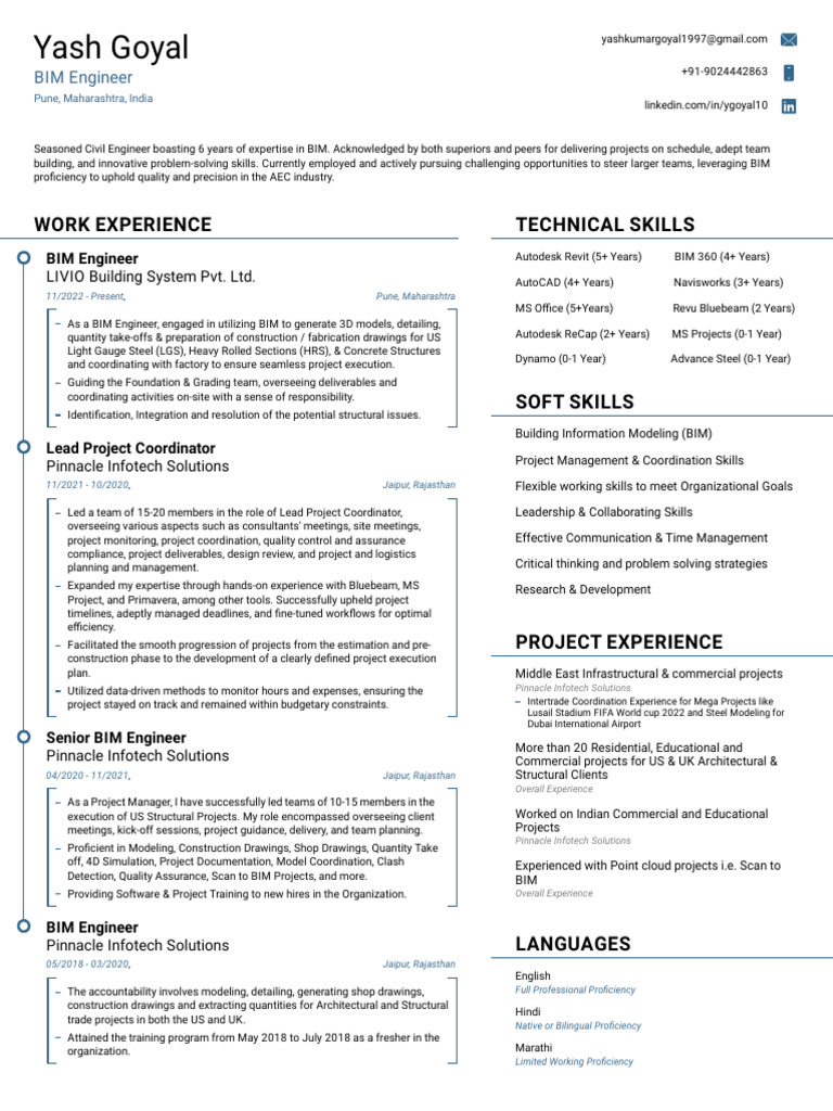 BIM Structure - Yash Goyal CV - 6 Years | PDF | Building Information Modeling | Autodesk