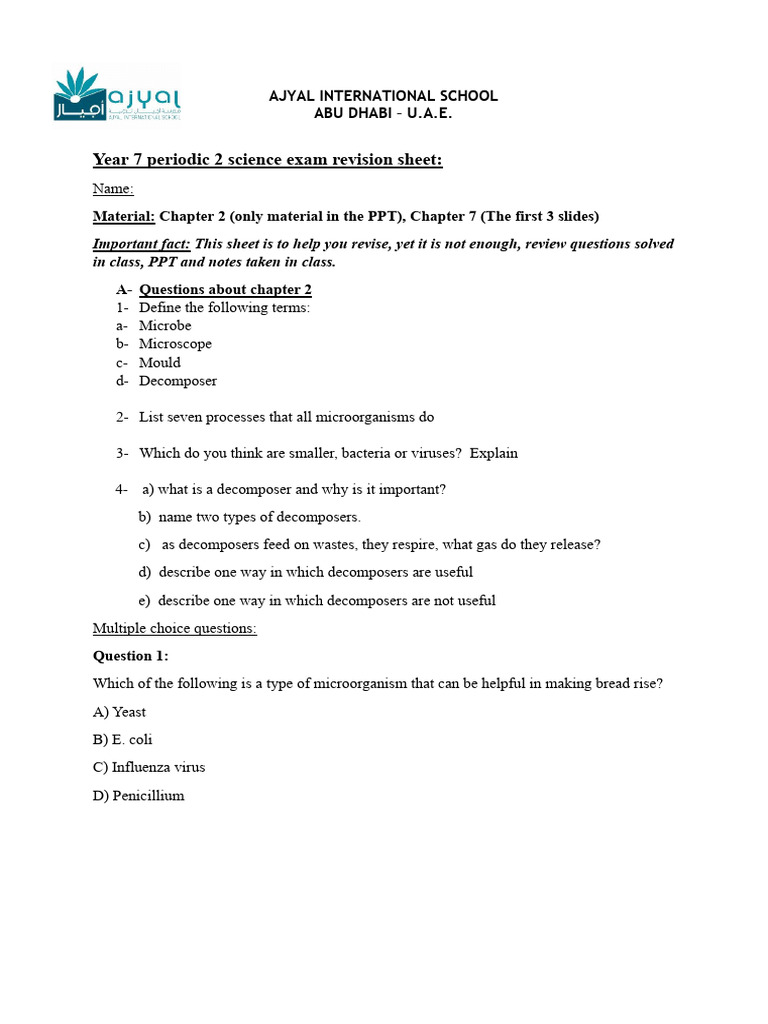 Science Revision Sheet Year 7 Periodic 2 | PDF | Microorganism | Force