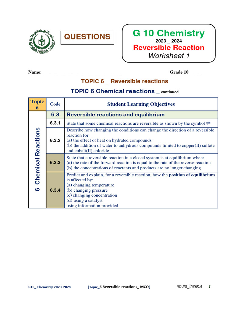 Topic 6 Reversible Reactions Mcq Questions Copy Aoudi 2023 | PDF ...