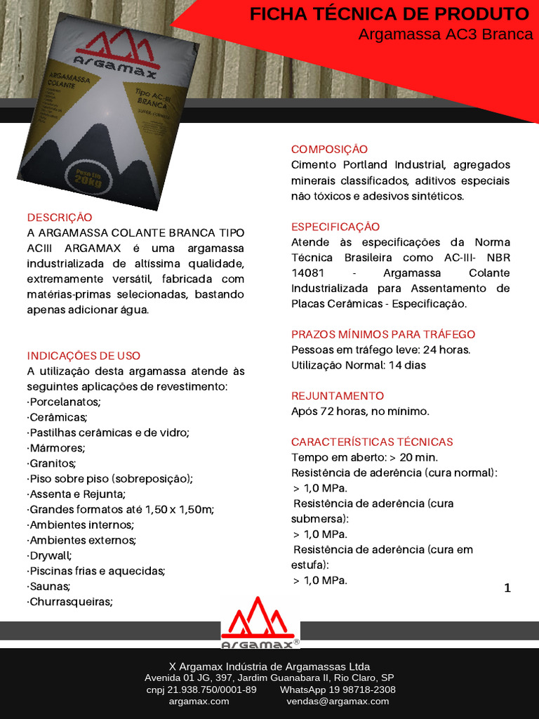 Argamassa AC3 Branca: Secagem e Rendimento | PDF | Argamassa (alvenaria ...