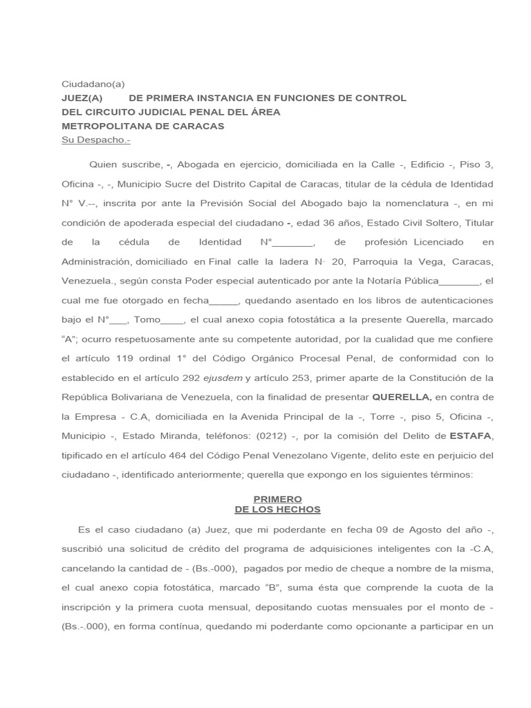 Modelo Querella Penal Estafa | PDF | Queja | Trucos de confianza