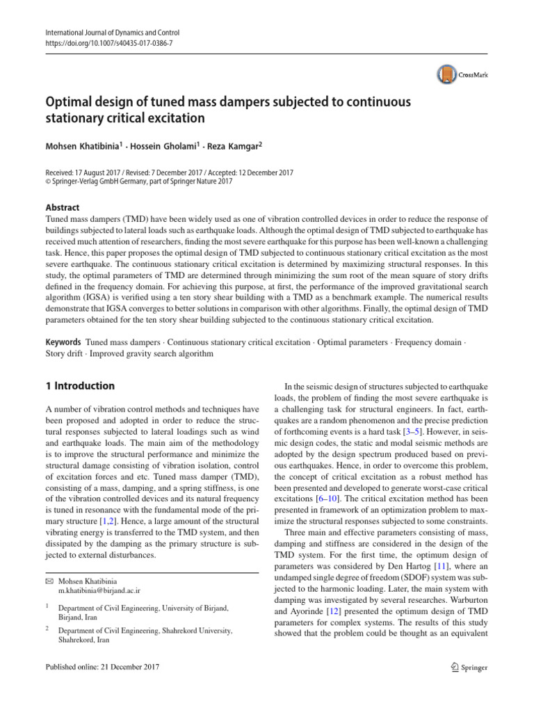 Optimal Design of Tuned Mass Dampers Subjected to Continuous Stationary Critical Excitation | PDF