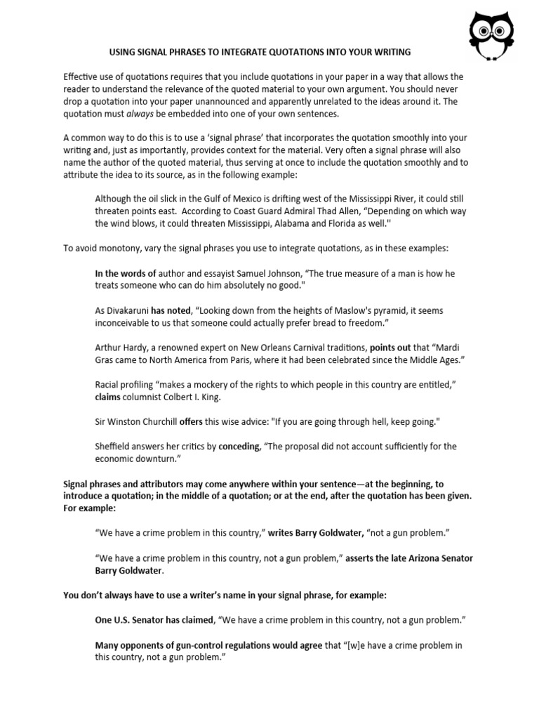 Signal Phrases To Introduce Quotations | PDF | Citation | Punctuation