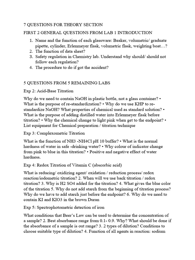 Ana Lab Theory Questions | PDF | Titration | Chemistry