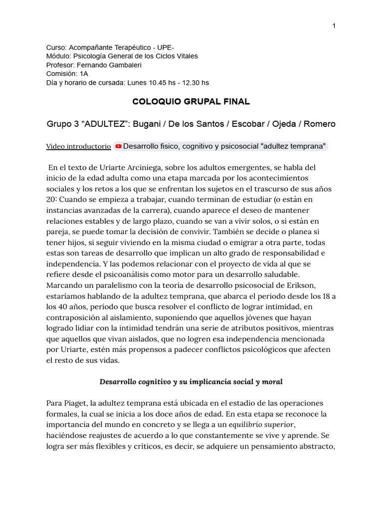 Coloquio Grupal Final Grupo 3 "Adultez" | PDF | Adultos | Sicología