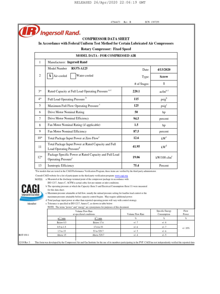 Ingersoll Rand RS37i-A125 Compressor Data | PDF