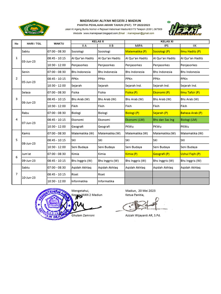 Jadwal PAT Kelas X Dan XI 2022 - 2023 | PDF