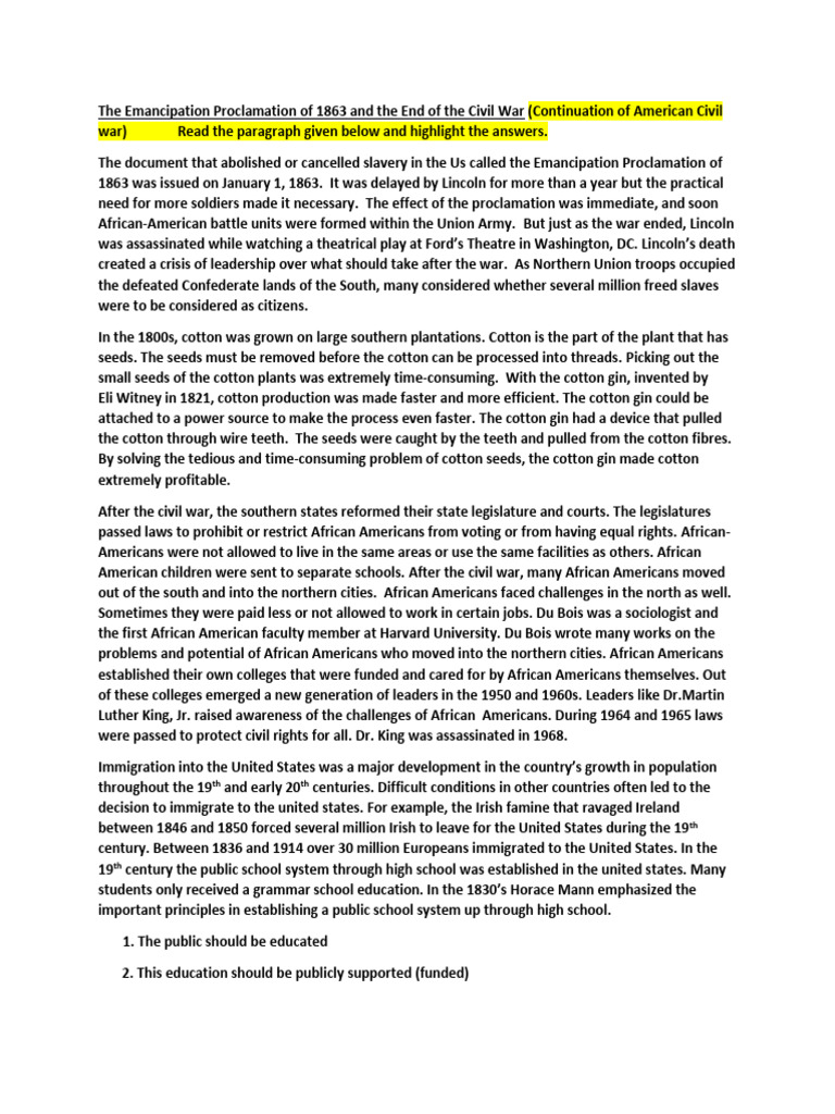 The Emancipation Proclamation of 1863 and The End of The Civil War ...