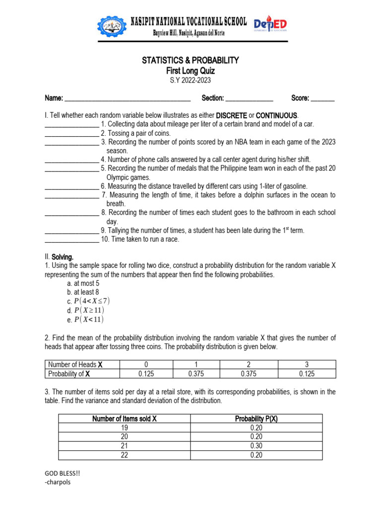 LONG QUIZ 1st-Statistics and Probability | PDF | Probability Distribution | Random Variable