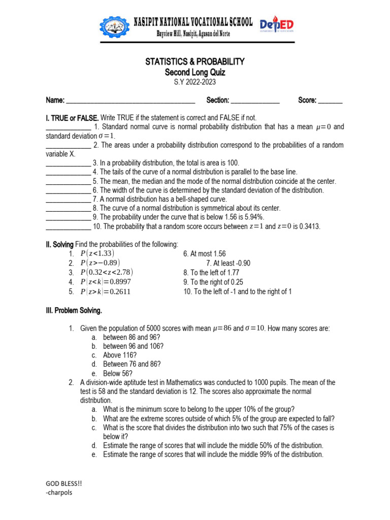 LONG QUIZ 2 - Statistics and Probability | PDF | Normal Distribution ...