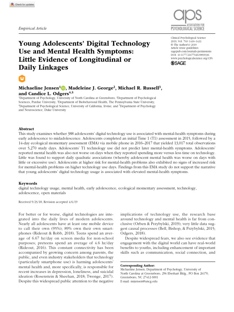 Adolescent Tech Use and Mental Health Study | PDF | Mental Disorder ...