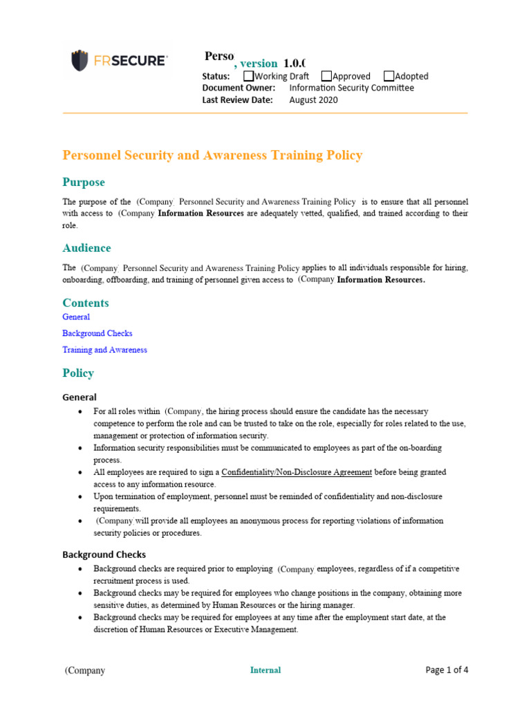 Personnel Security and Awareness Policy Template | PDF | Background ...
