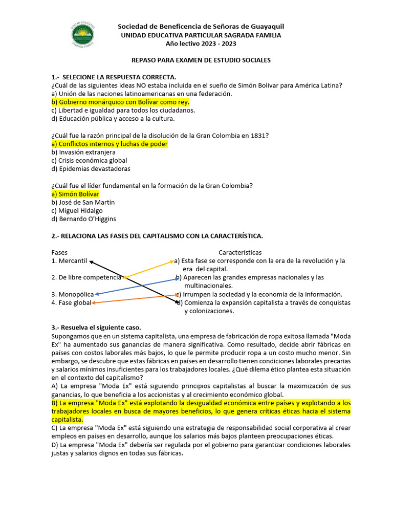 REPASO PARA EXAMEN DE ESTUDIO SOCIALES décimo con respuestas | PDF