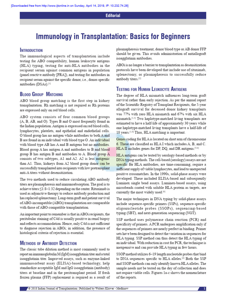 Immunology in Transplantation - Basics For Beginners | PDF | Antibody | Human Leukocyte Antigen