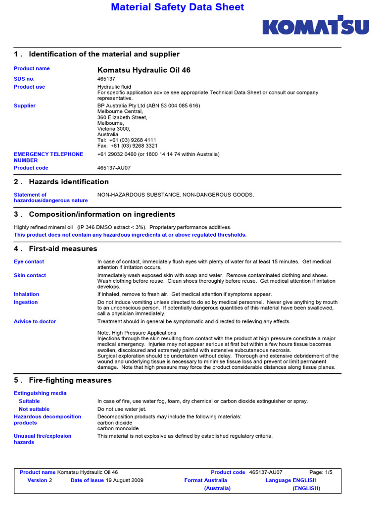 Komatsu Hydraulic Oil HO46 MSDS | PDF | Workplace | Working Conditions