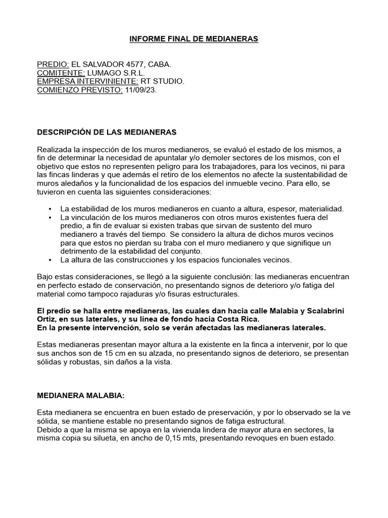 Informe Medianeras EL SALVADOR 4577 | PDF | Hogar, jardinería y bricolaje