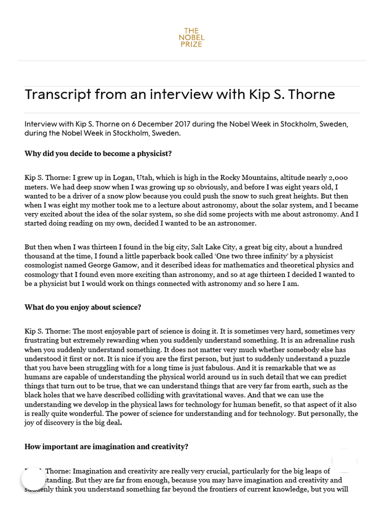 Kip Thorne Nobel Interview Insights | PDF | Ligo | Physics