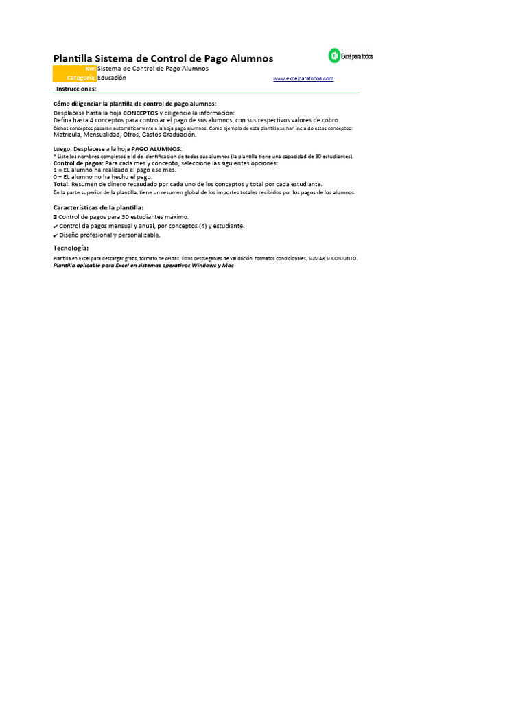 Plantilla Excel Control de Pagos Estudiantes | PDF