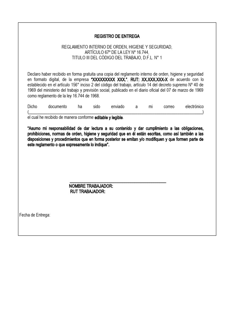 Acta Entrega Reglamento Interno (Chile) | PDF