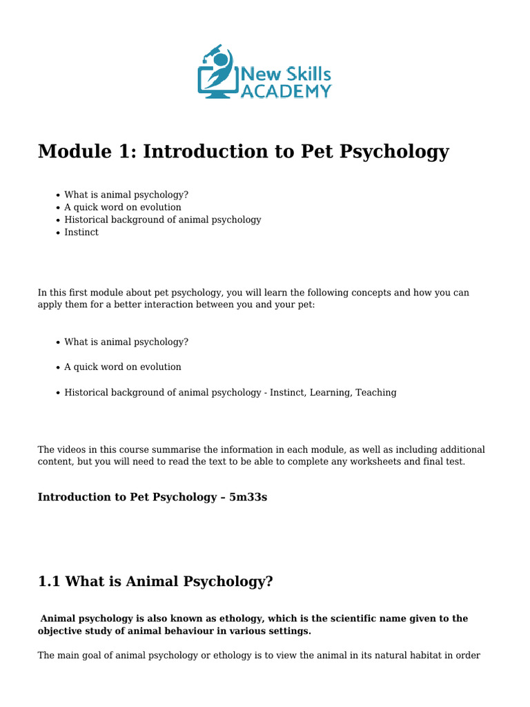 Module 1 Introduction To Pet Psychology | PDF | Ethology | Instinct