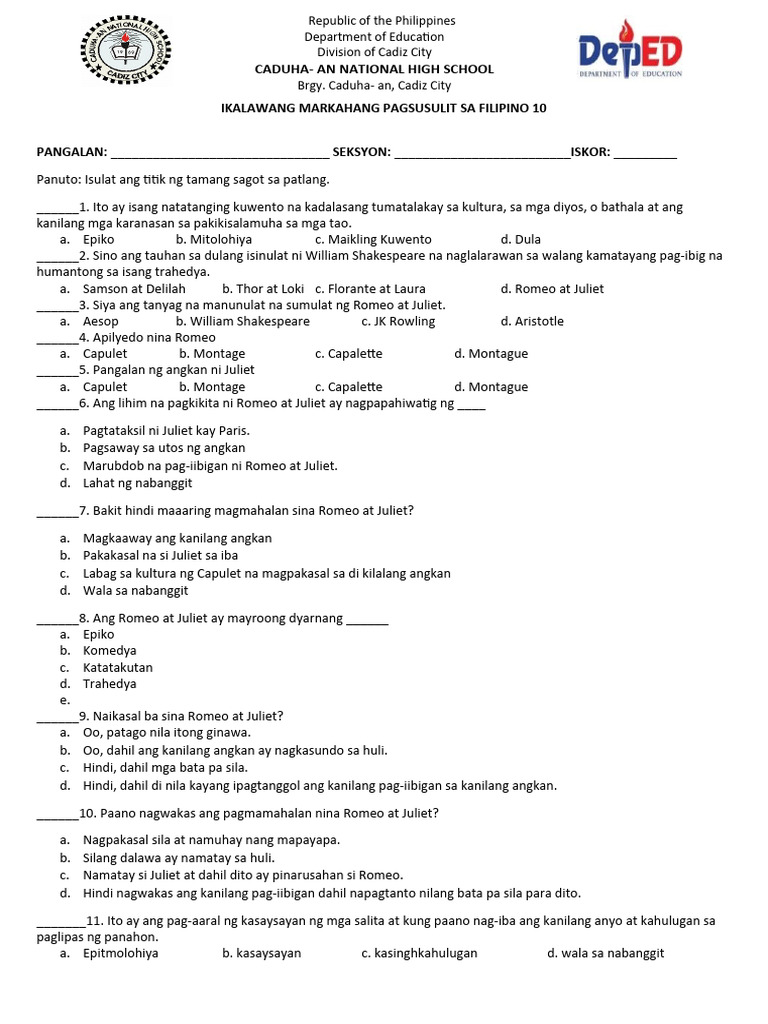 2nd Quarter Exam FILIPINO 10 | PDF