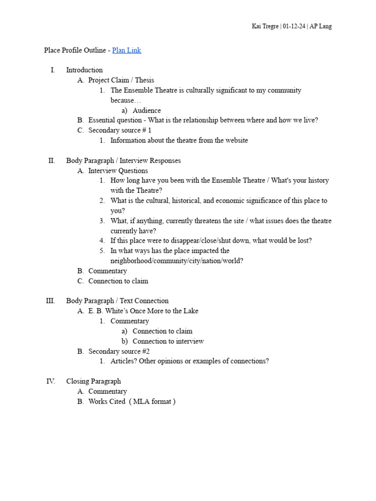 Place Profile Outline - Kai Tregre - AP Lang | PDF
