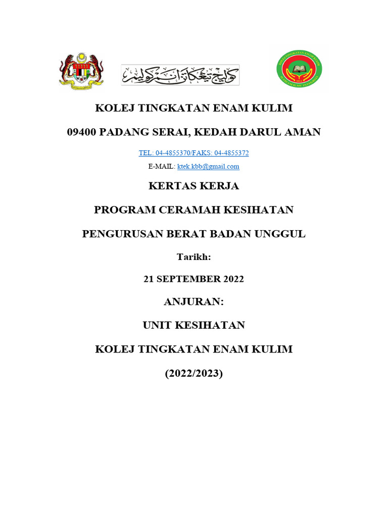 Kertas Kerja Program Unit Kesihatan Pengurusan Berat Badan Unggul | PDF