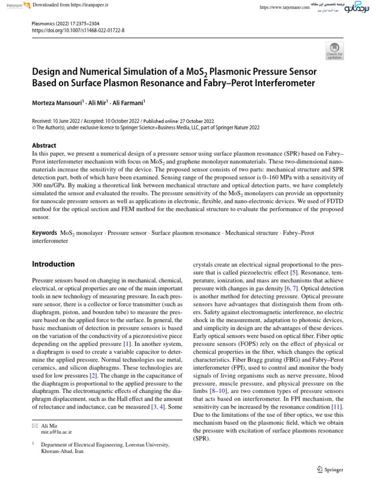 Mansouri 2022 | PDF | Surface Plasmon Resonance | Plasmon
