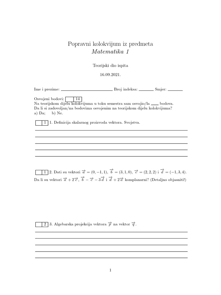 Popravni Kolokvijum Iz Predmeta Matematika 1: Teorijski Dio Ispita 16. ...