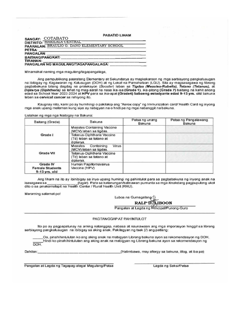 BGDES Parental Consent HPV Vaccine | PDF