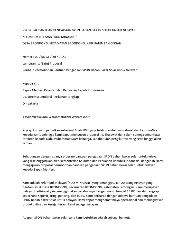 Contoh Proposal Bantuan SPDN Bahan Bakar Solar Nelayan | PDF