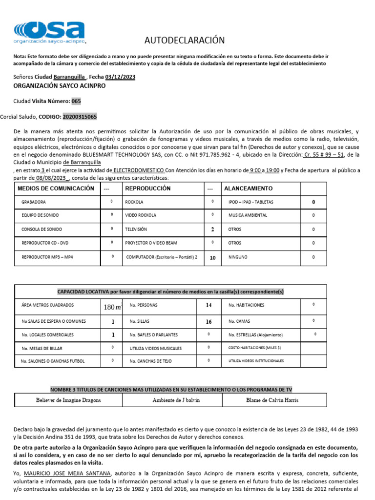Autodeclaración: Organización Sayco Acinpro | PDF