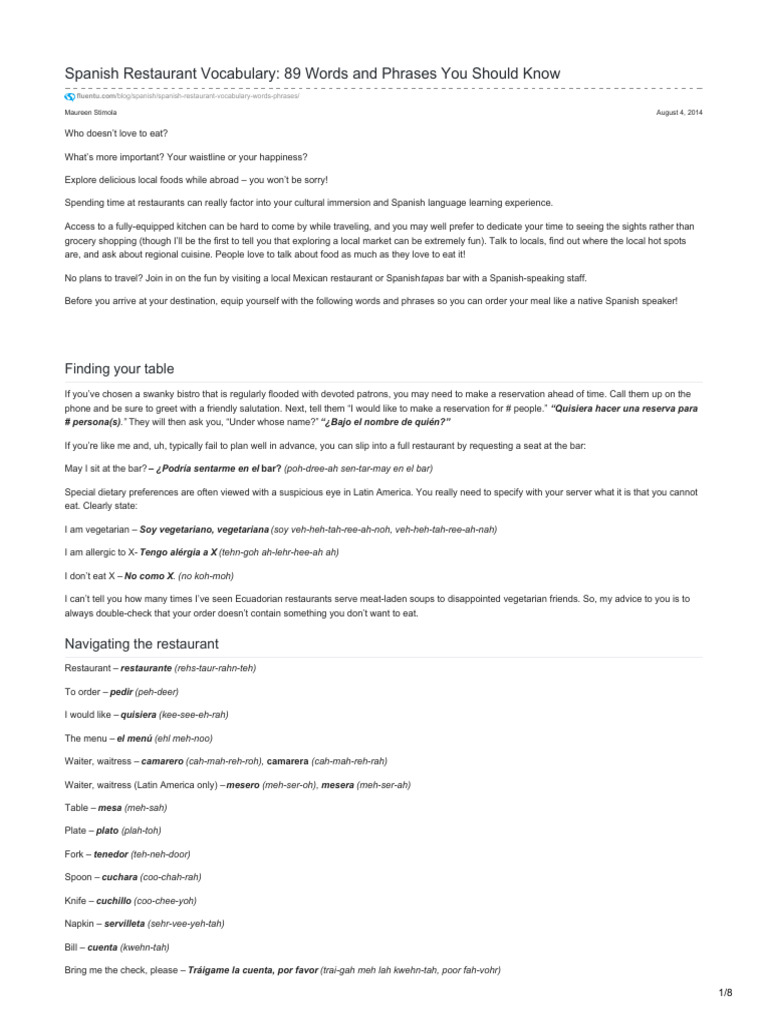 Spanish Restaurant Vocabulary Guide | PDF | Lunch | Waiting Staff