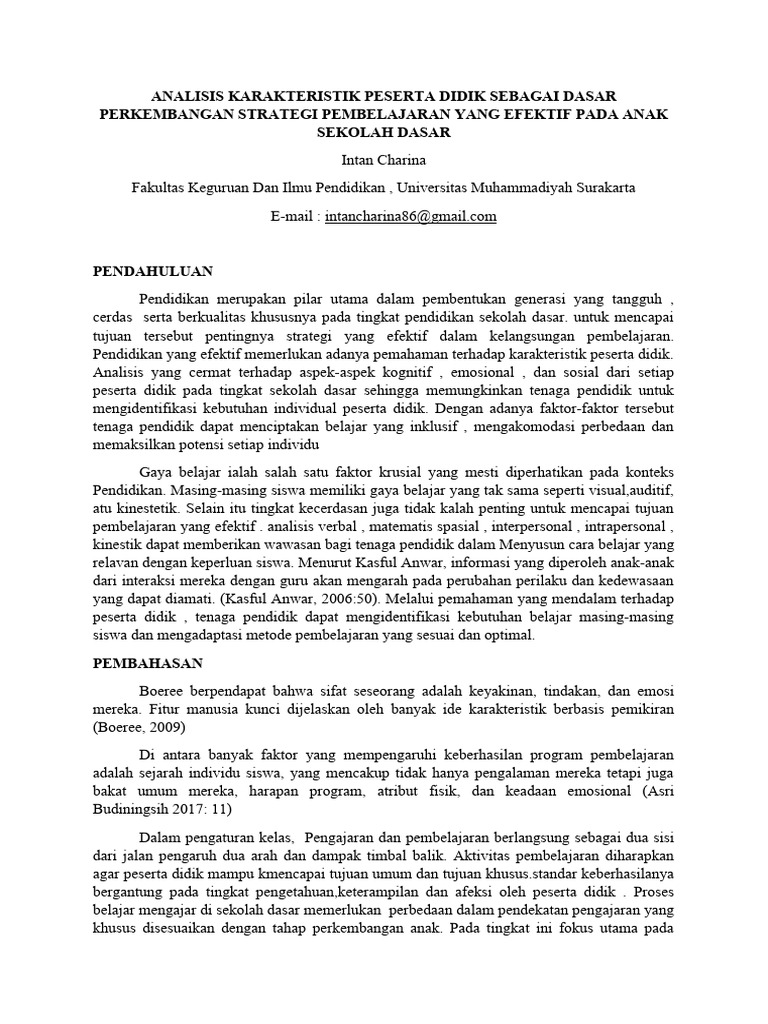 Analisis Karakteristik Peserta Didik Sebagai Dasar Perkembangan ...