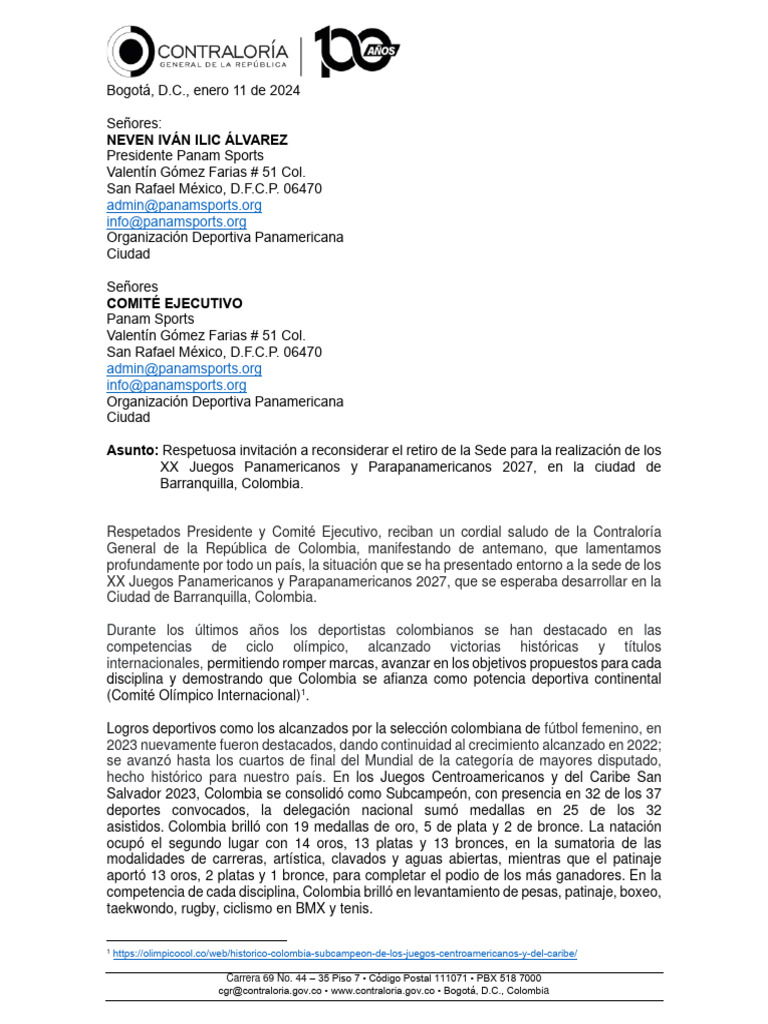 Carta Del Contralor Encargado A Panam Sports | Descargar gratis PDF | Colombia | México