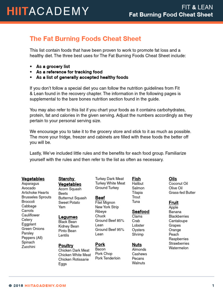 Fit and Lean Fat Loss Foods Cheat Sheet | PDF | Vegetables | Dieting