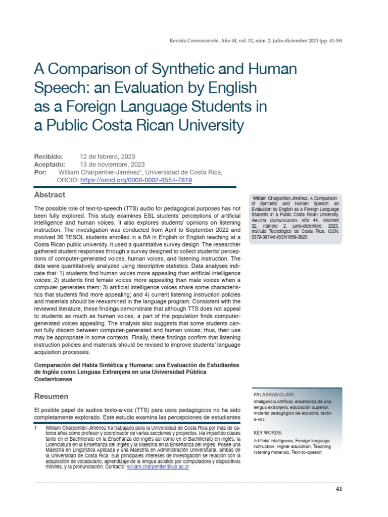 A Comparison of Synthetic and Human Speech: An Evaluation by English As ...