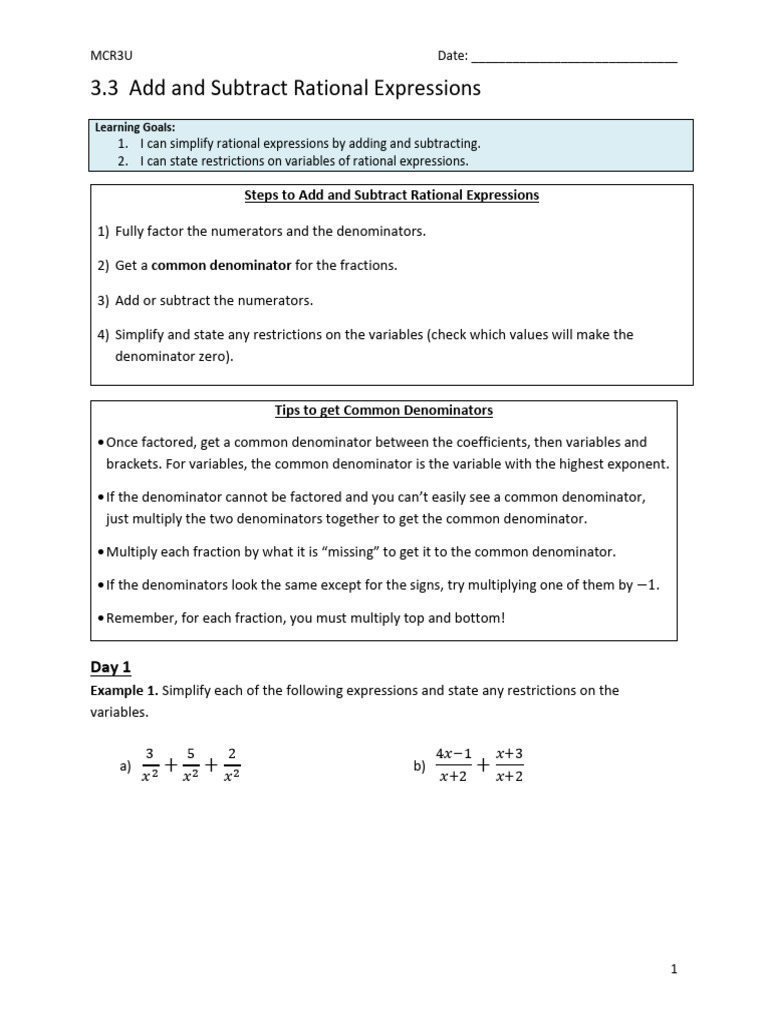 3.3 Adding and Subtracting Rational Expressions | PDF | Mathematical Notation | Mathematical ...